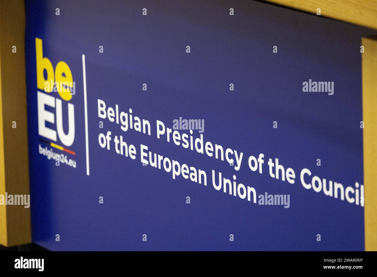 Brussels, Belgium. 05th Jan, 2024. The BE EU Belgian presidency logo pictured during a press ...