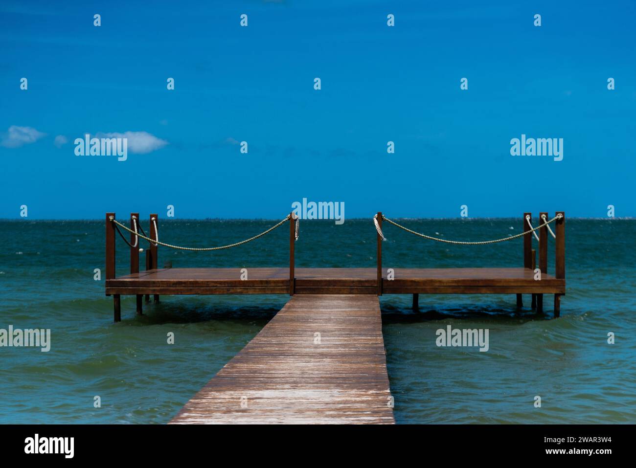 This image features a small wooden dock leading out into the ocean ...