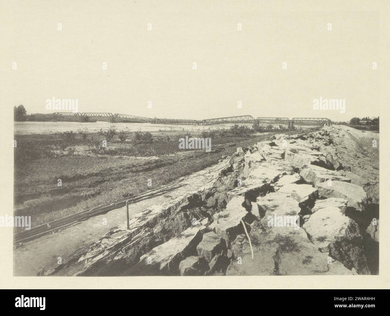 View of a collapsed railway bridge over the Nagara River in Japan after ...