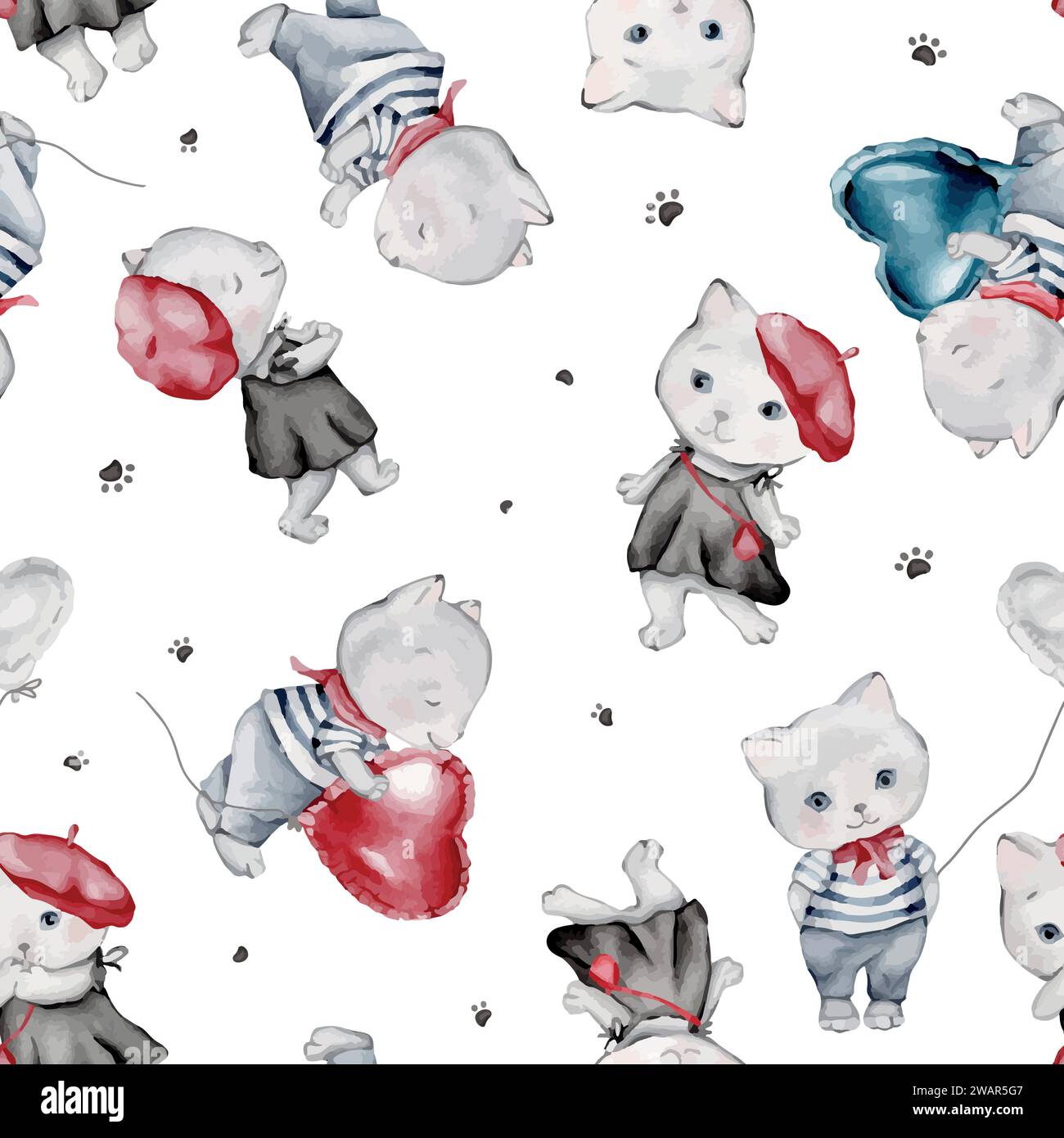 French style animals seamless pattern. Cute cartoon Parisian cat and ...