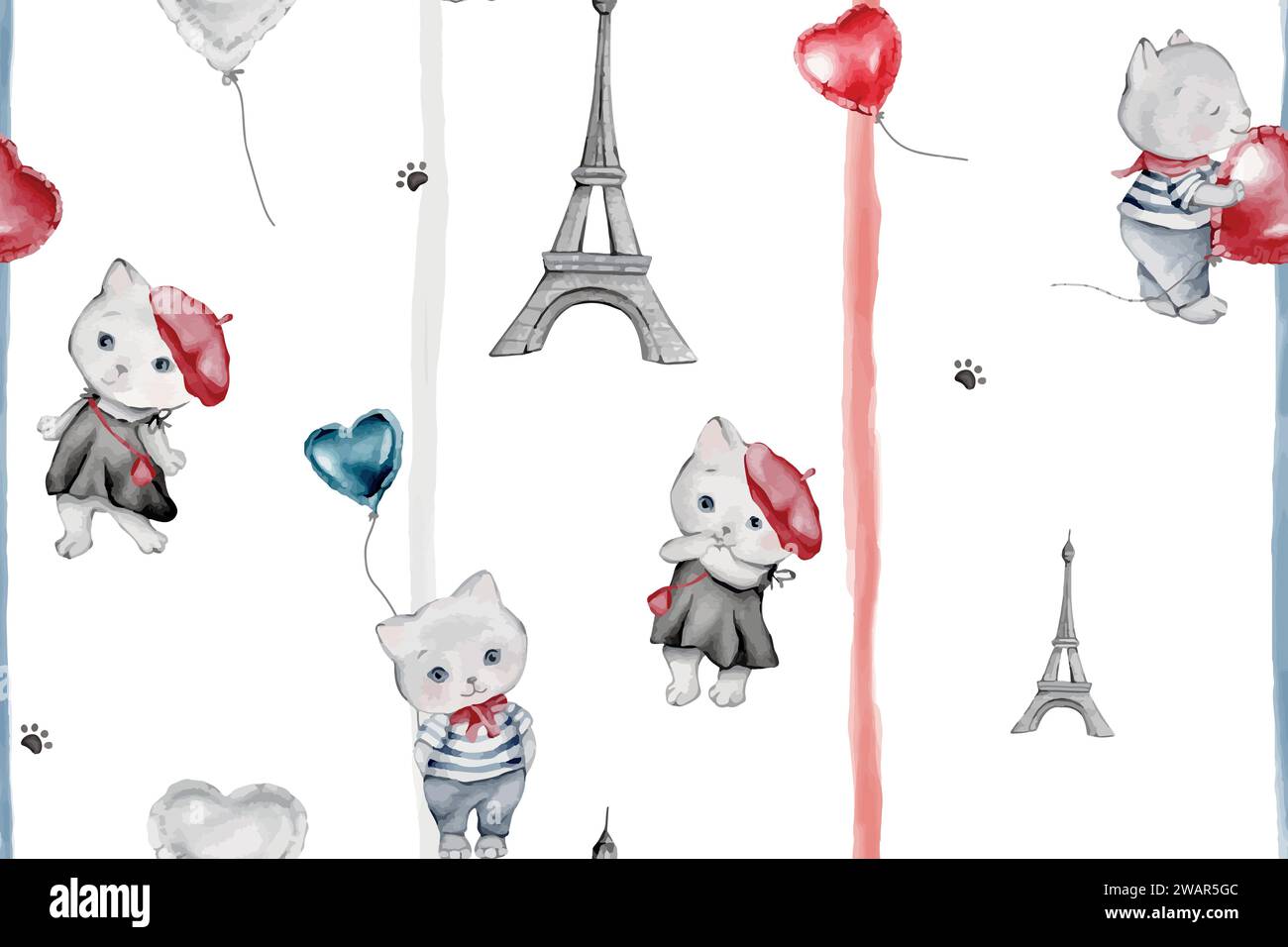 French style animals seamless pattern. Cute cartoon Parisian cat and ...