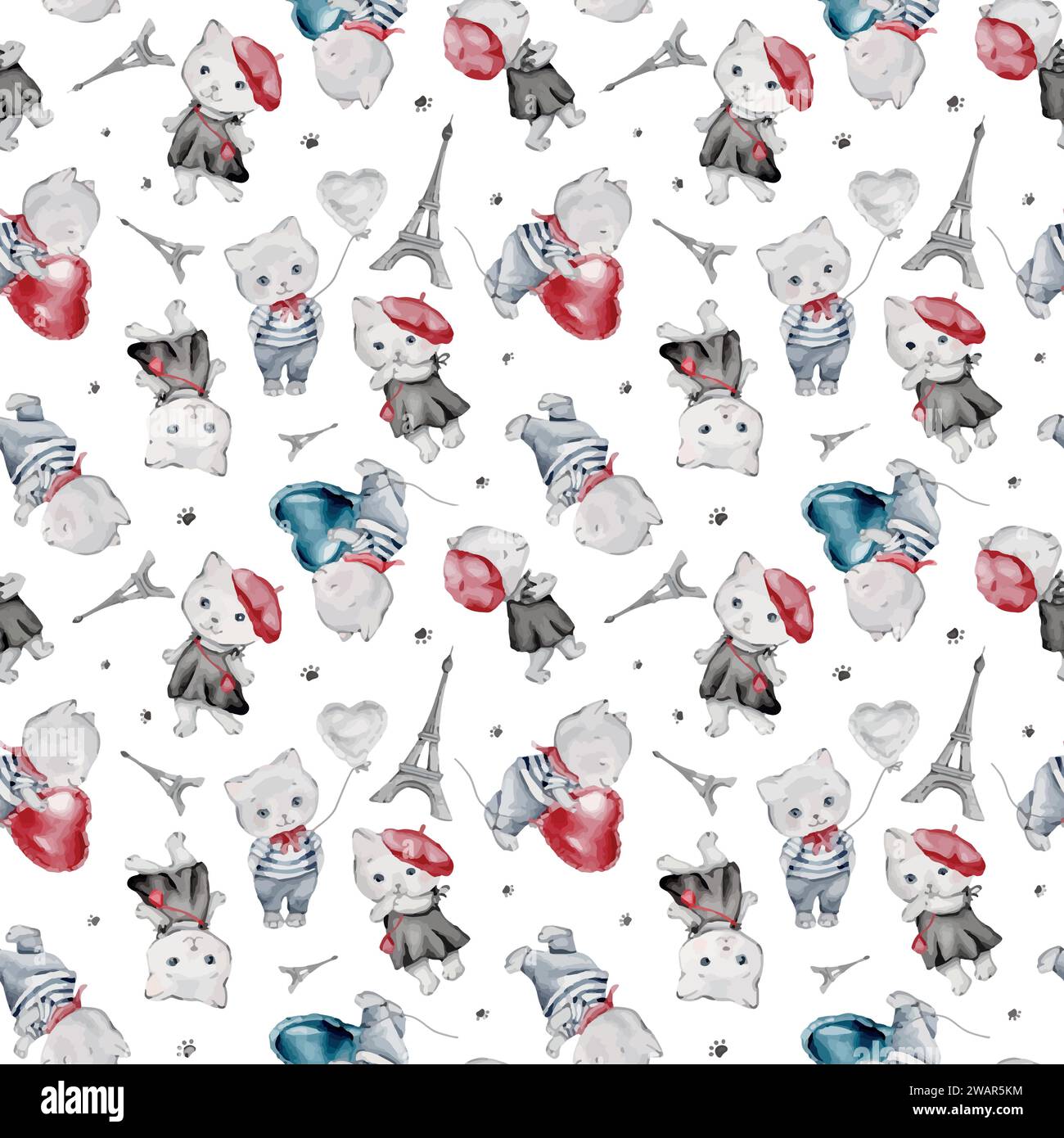 French style animals seamless pattern. Cute cartoon Parisian cat and ...