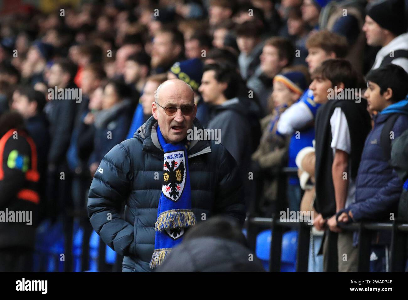 London, UK. 06th Jan, 2024. An AFC Wimbledon fan seen during the FA Cup ...