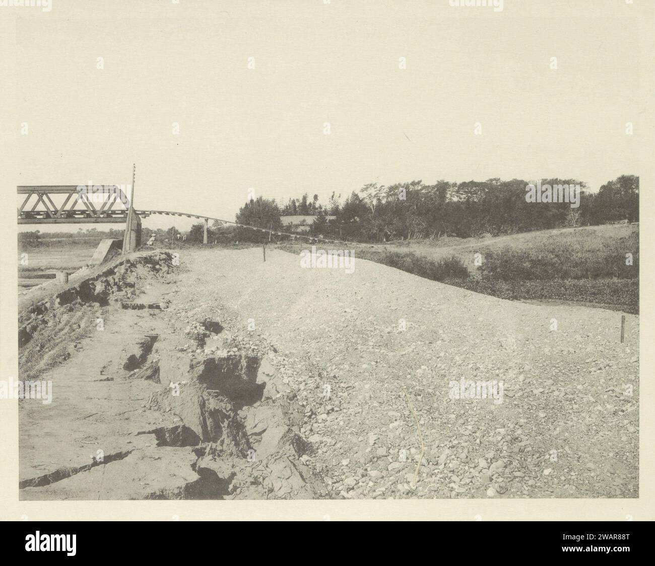 View of a collapsed railway bridge over the Nagara River in Japan after ...