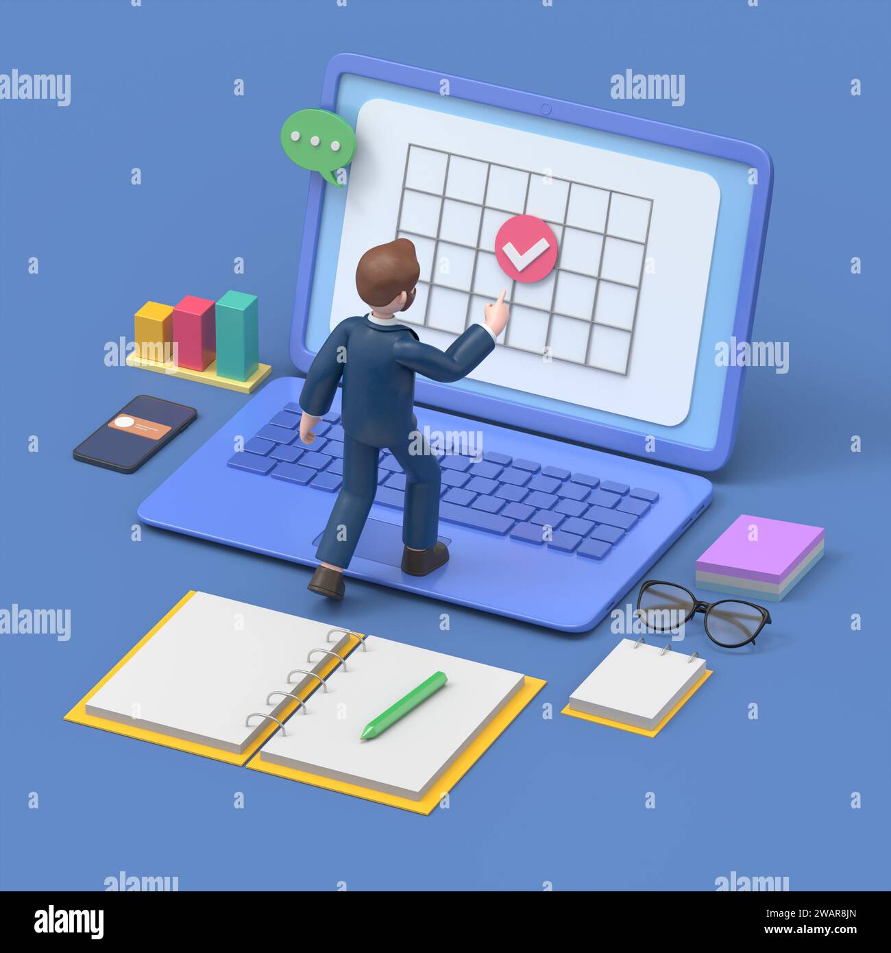 3D illustration of Asian man Felix Planing and Putting Check Mark on ...