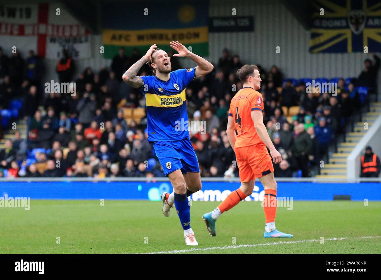 London, UK. 06th Jan, 2024. Harry Pell of AFC Wimbledon shows ...
