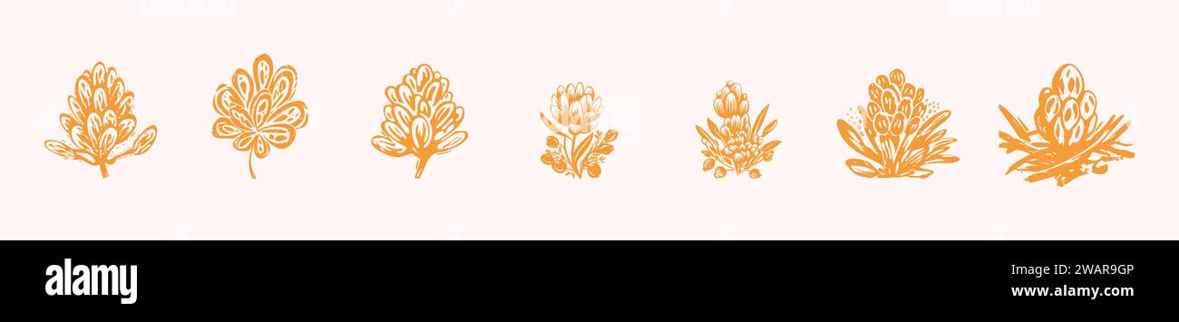 Block print rustic floral folkart isolated vector motif collection for ...