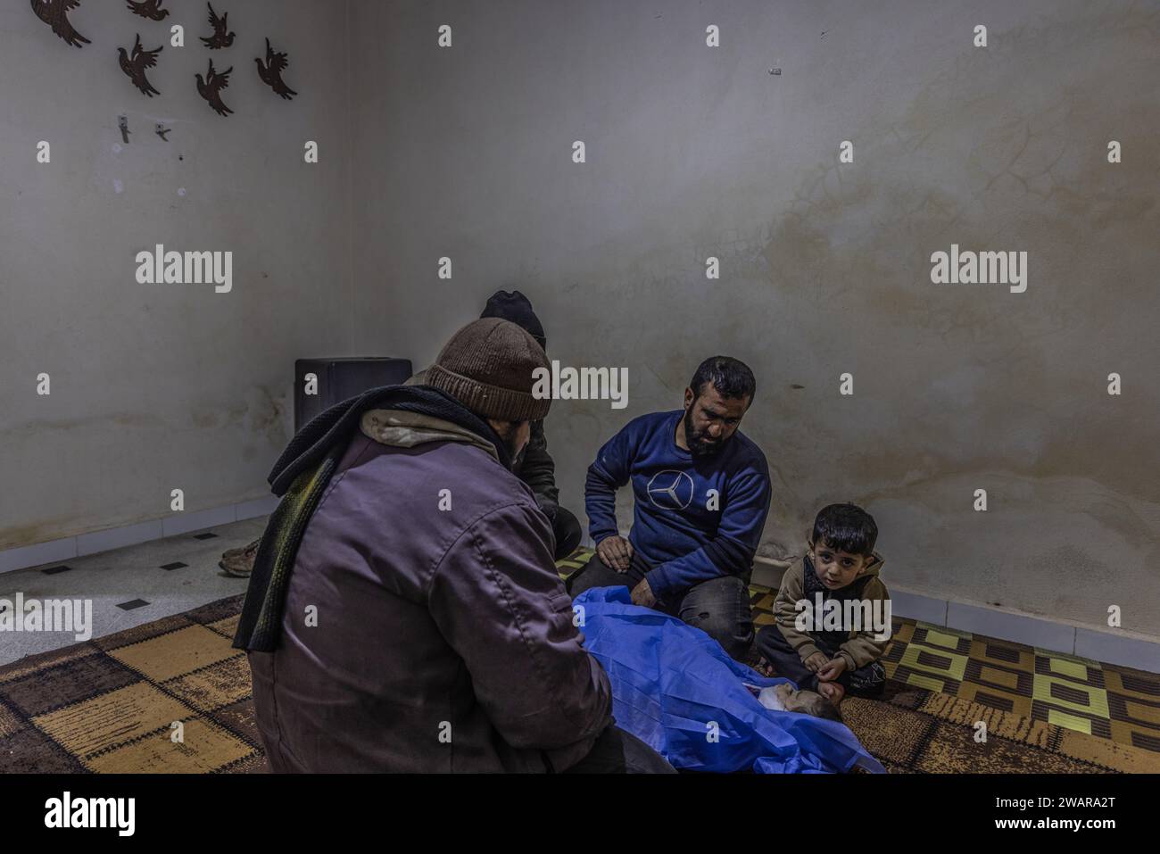 Idlib, Syria. 06th Jan, 2023. Relatives of the Baby Ritaj, shroud her ...