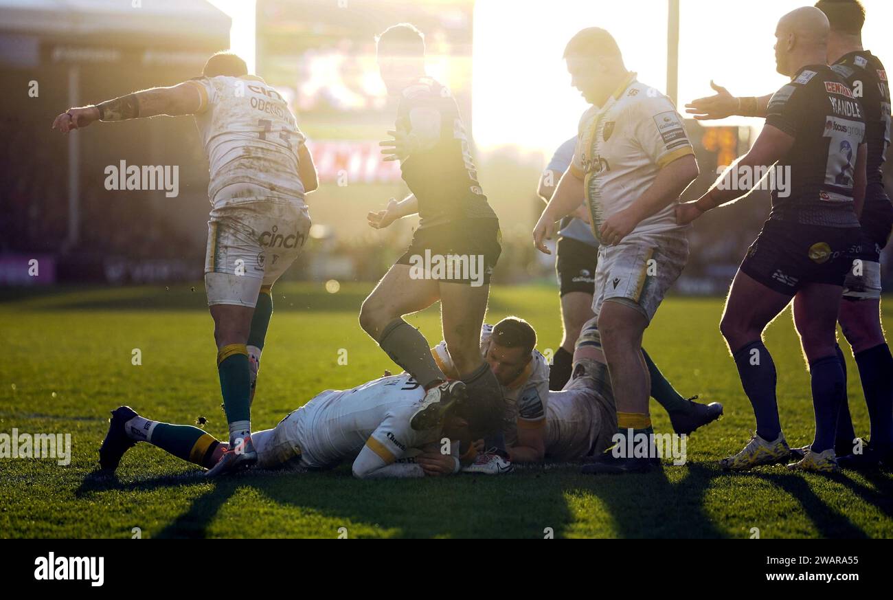 Northampton Saints Callum Braley scores their first try during the ...
