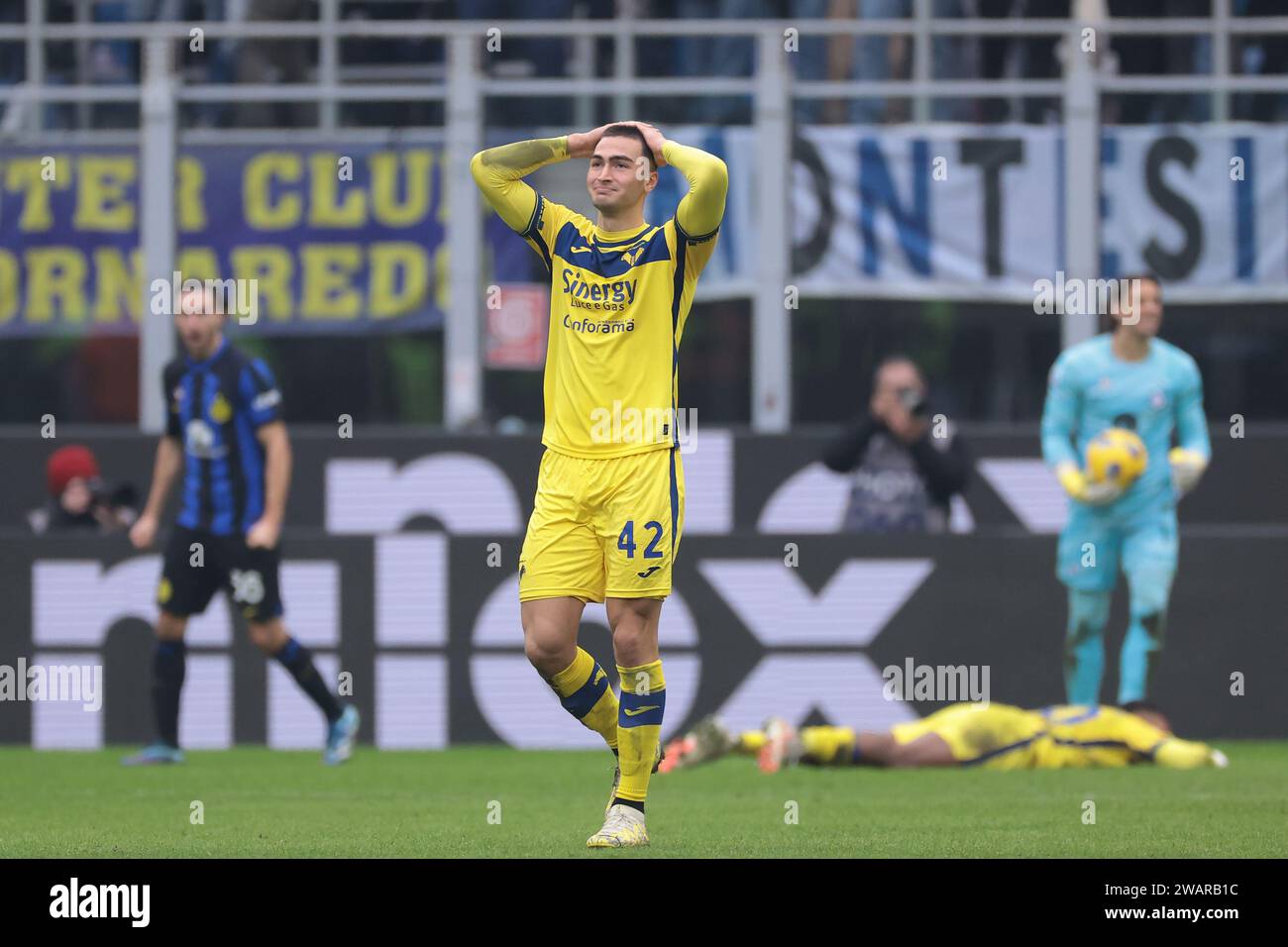 Milan, Italy. 6th Jan, 2024. Diego Coppola of Hellas Verona puts his ...