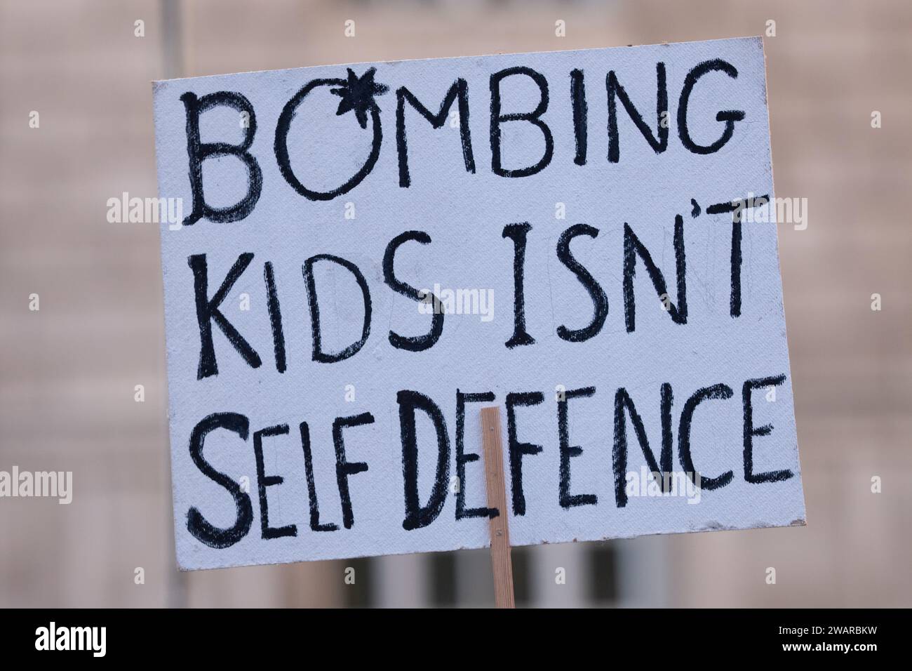 Manchester, UK. 6th Jan 2024. Bombing kids isnt self defence sign ...