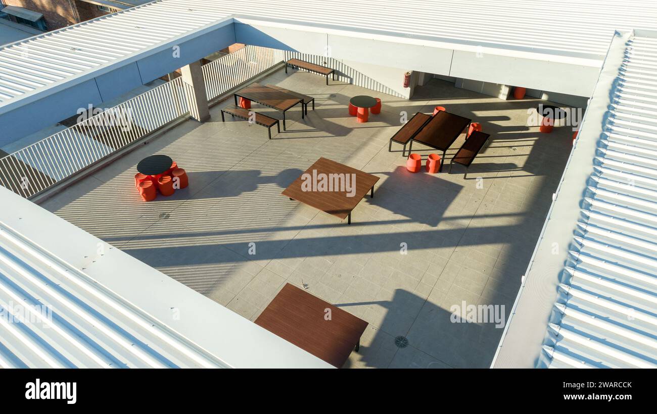 Aerial view of outdoor seating area with metal table and chairs Stock ...