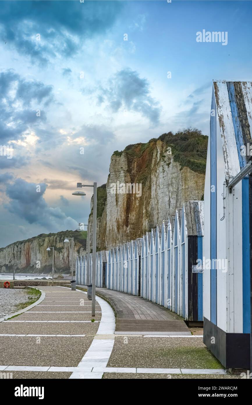 Yport, wooden beach cabins in Normandy, on the pebble beach Stock Photo ...