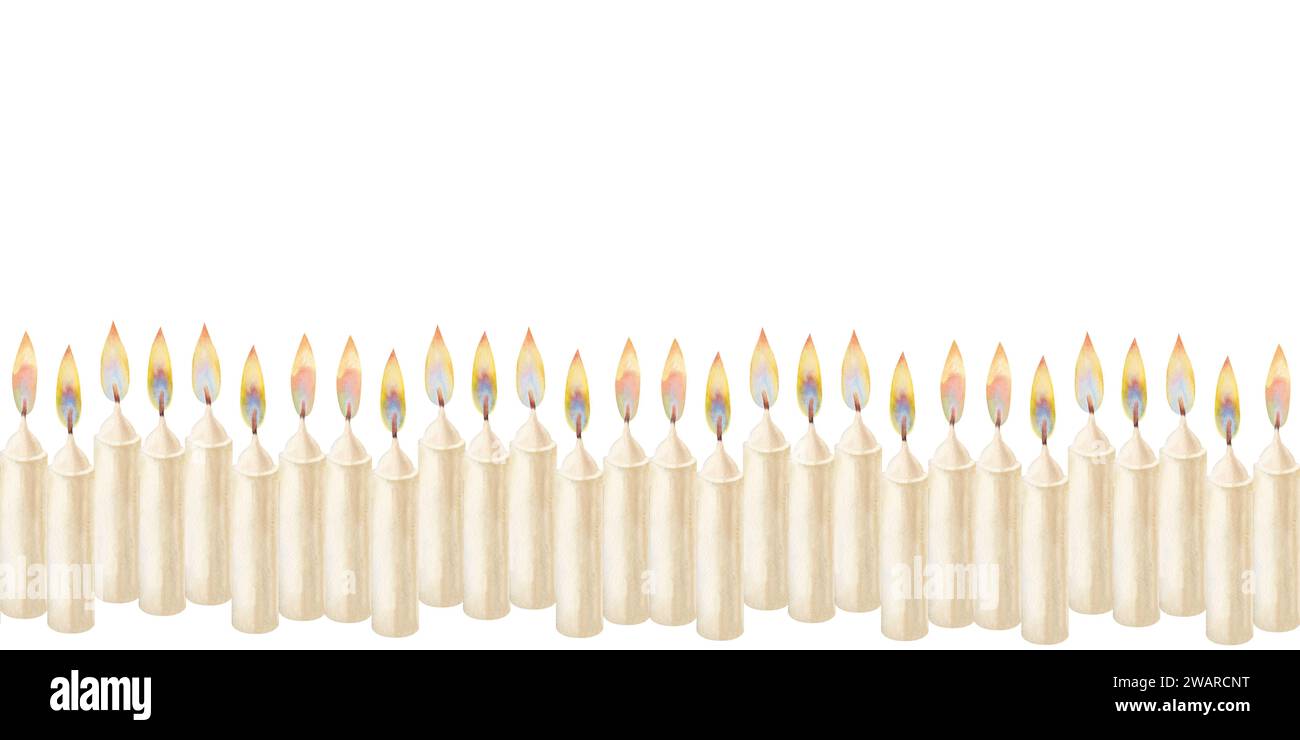 Watercolor horizontal seamless border with white candles with flame as ...