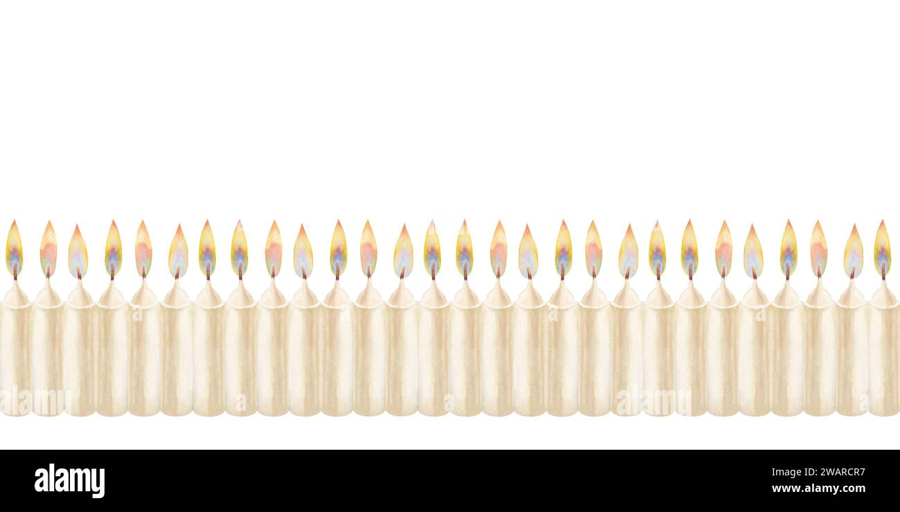 Watercolor horizontal seamless border with white candles with flame as ...