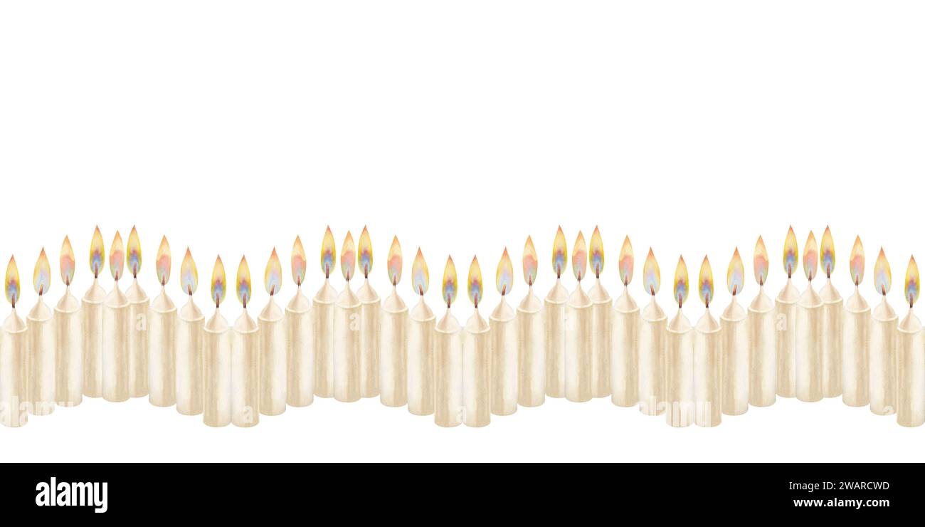 Watercolor horizontal seamless border with white candles with flame as ...