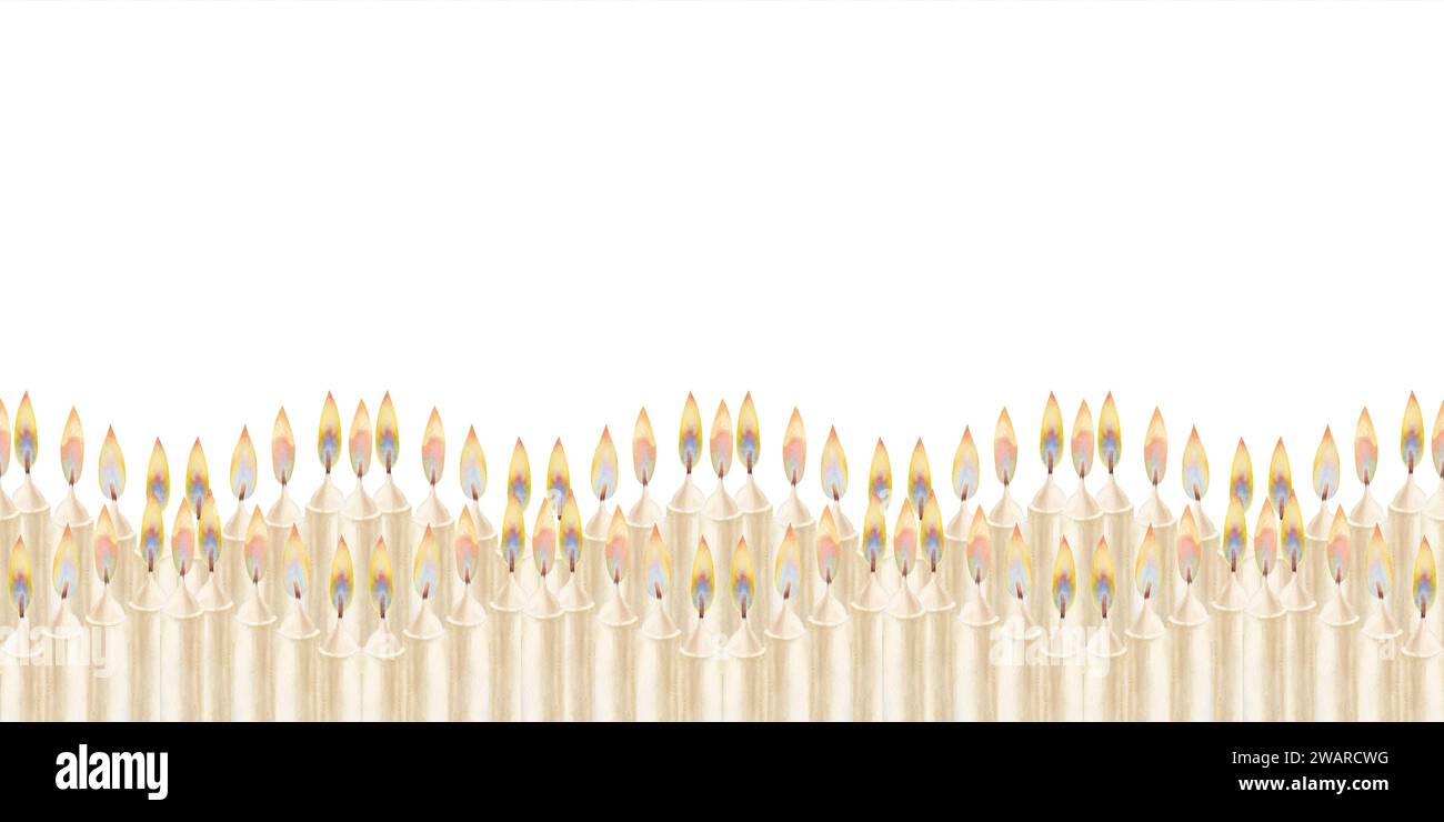 Watercolor horizontal seamless border with white candles with flame as ...
