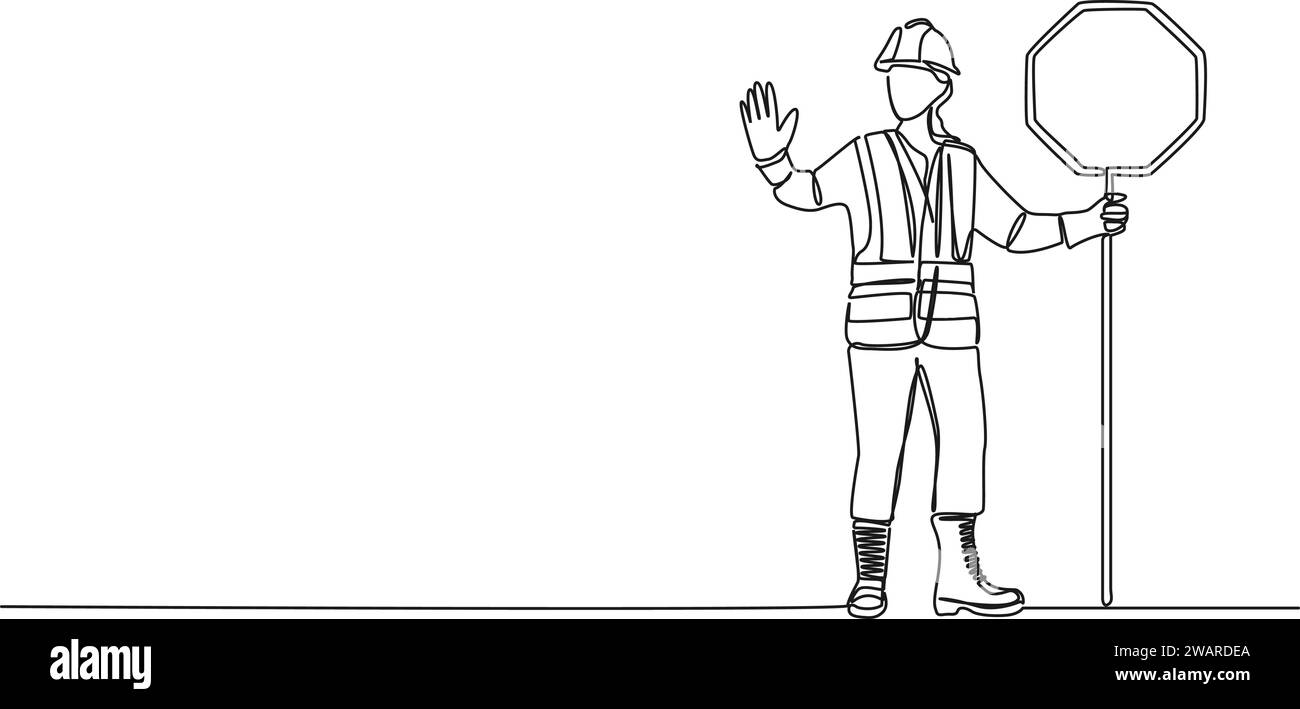 continuous single line drawing of female road worker with stop sign ...