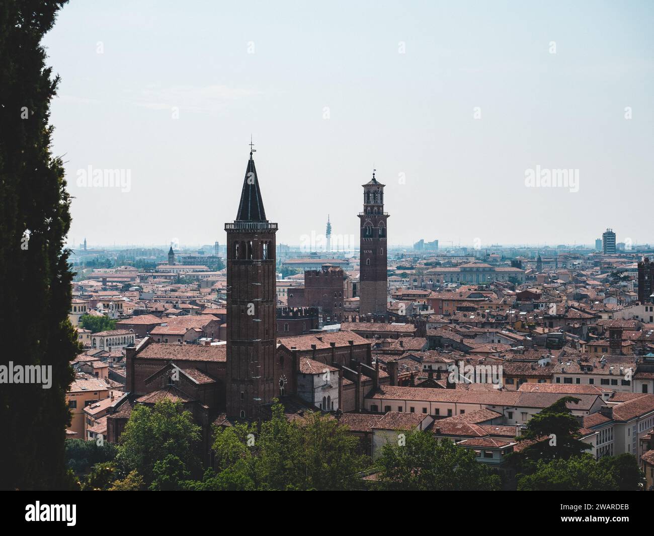 An aerial view of a city skyline, composed of a multitude of tall ...