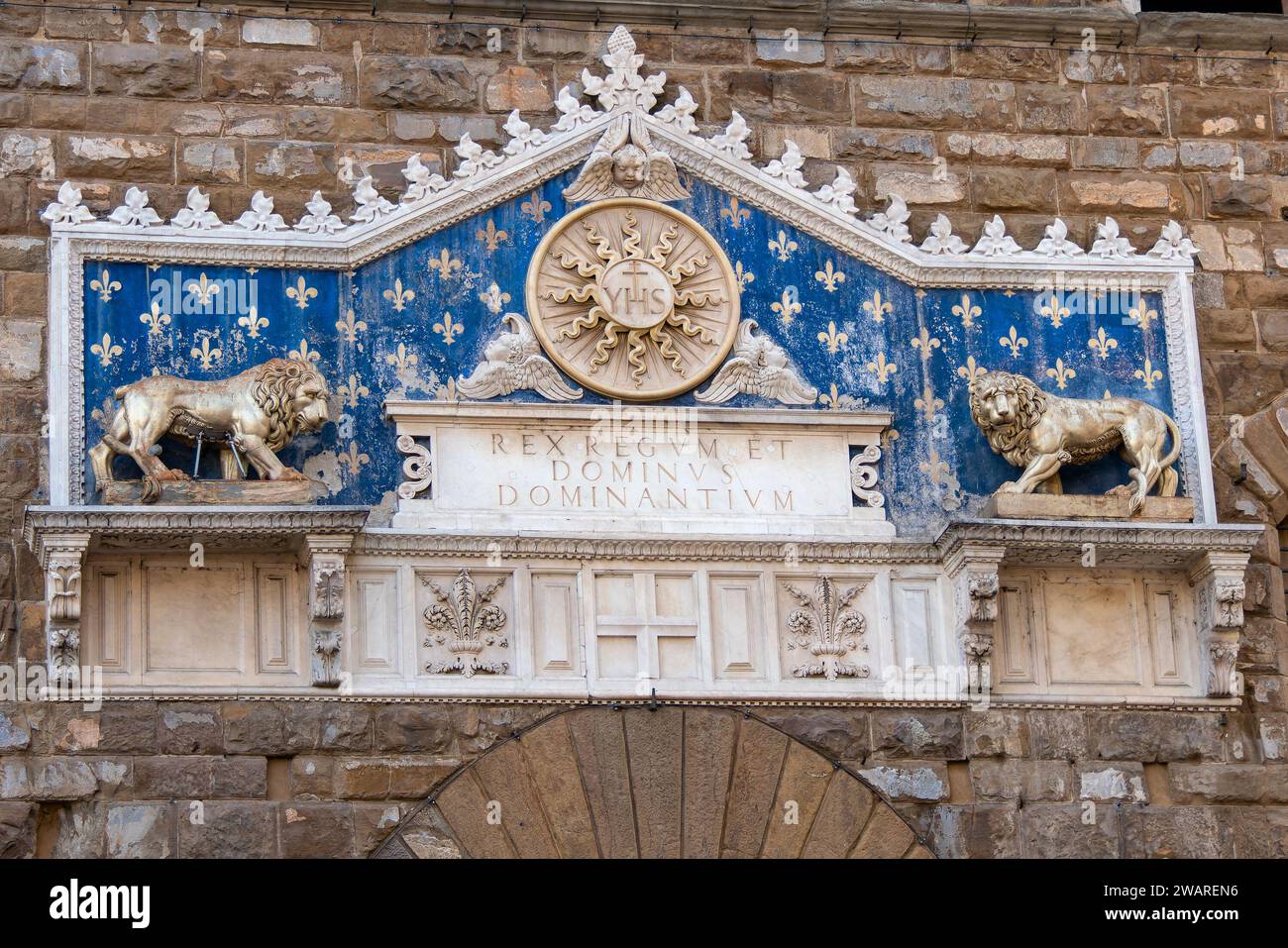 Florence, Italy, July 25, 2023. Marble decoration with two lions and ...