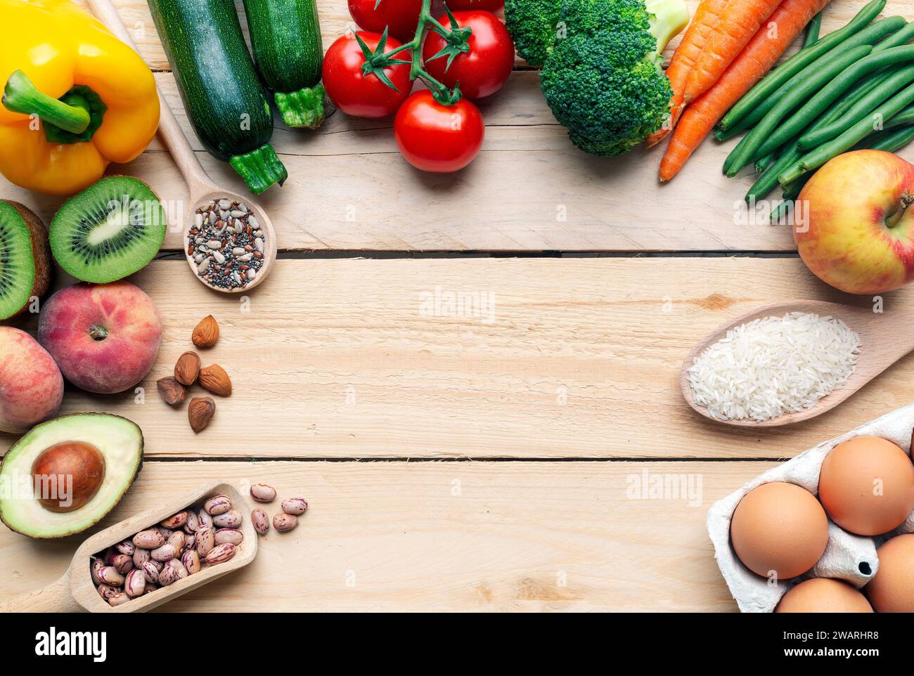 Healthy food background with various vegetable ingredients, fruits ...