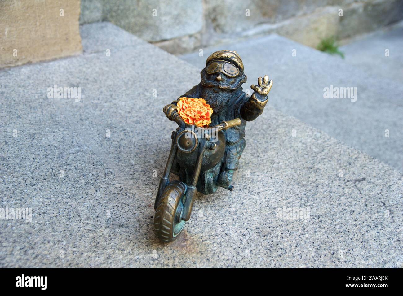 WROCLAW, POLAND - 16 JUN 2018: One of Wroclaw's gnomes on a motorbike ...