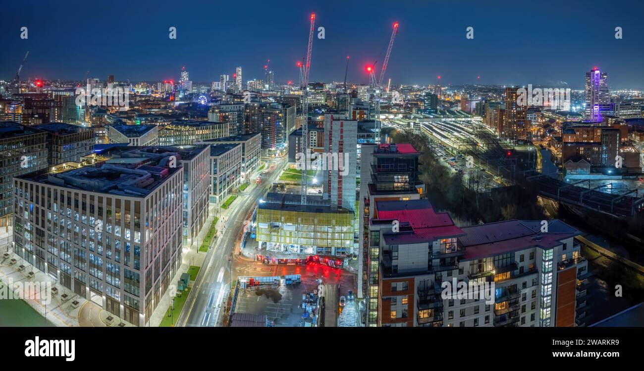 Leeds West Yorkshire aerial view of the city centre at night looking ...