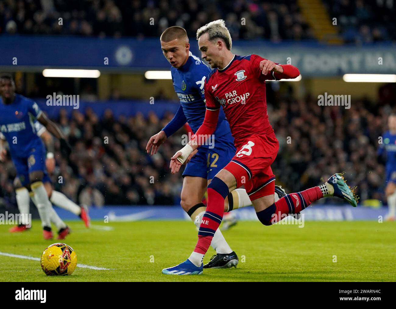 Chelsea's Alfie Gilchrist (left) Preston North End's Liam Millar battle ...