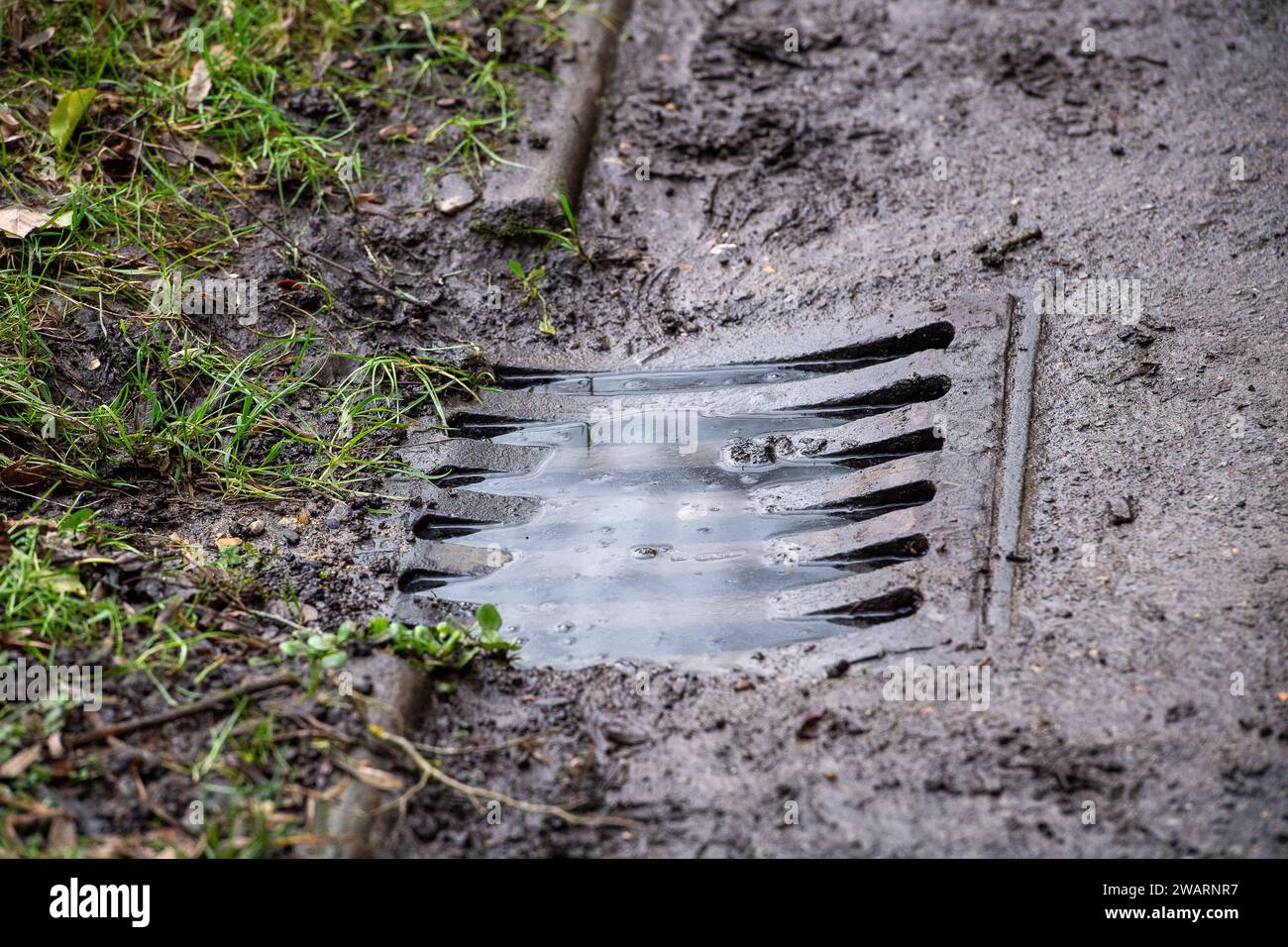 Old Windsor, UK. 6th January, 2024. A rainwater drain full to the brim ...