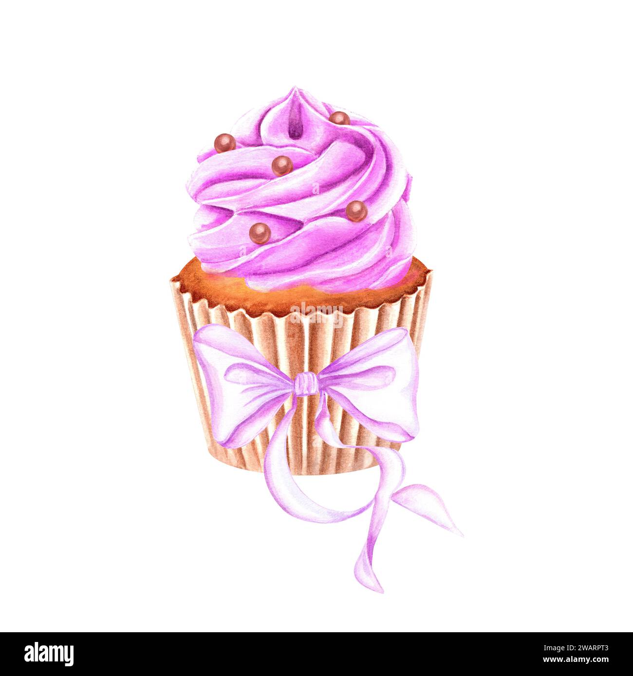 Cupcake decorated with pink bow. Baked cake with whipped cream and ...