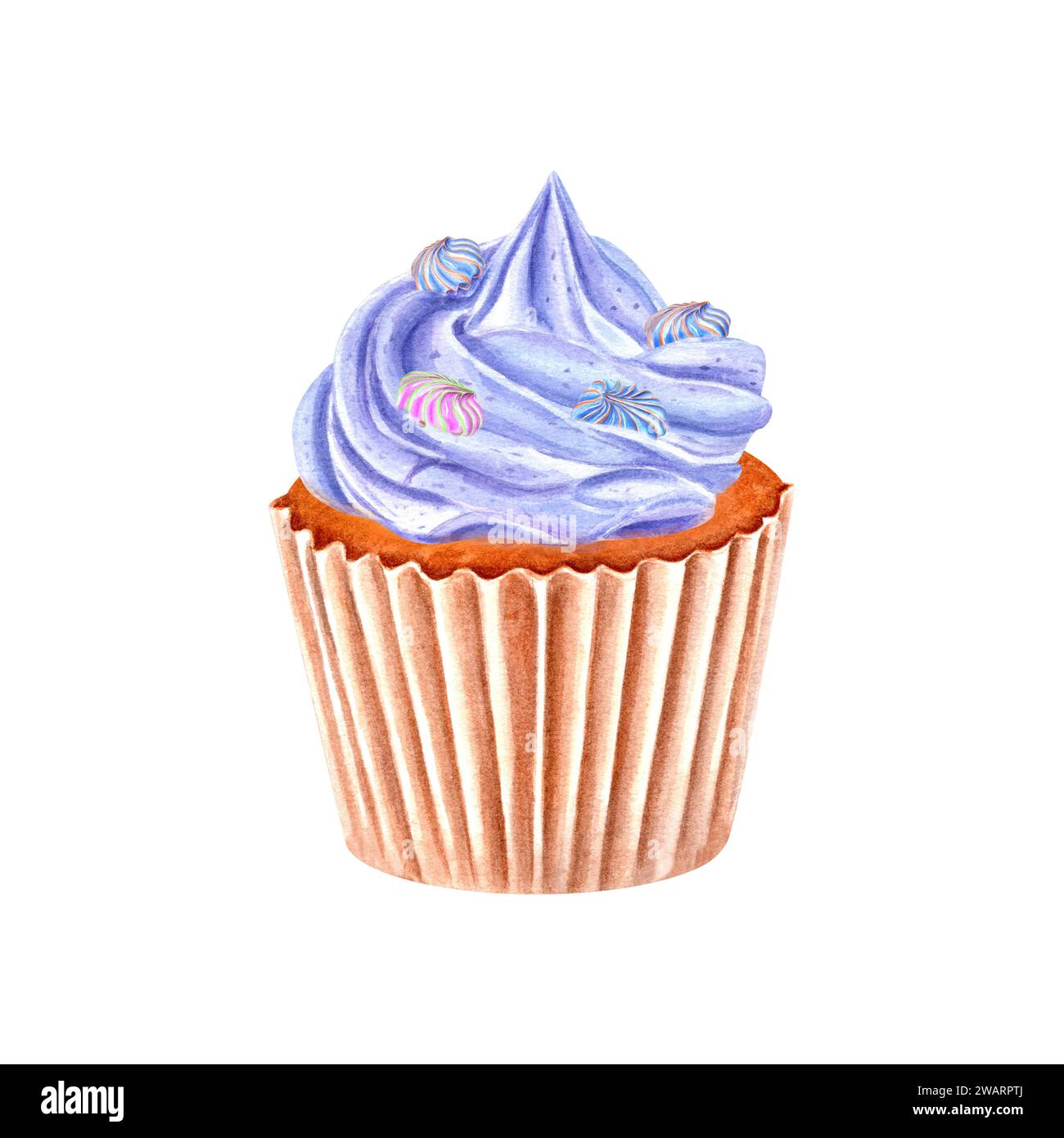 Cupcake decorated with blue whipped cream and meringue. Baked meringue ...