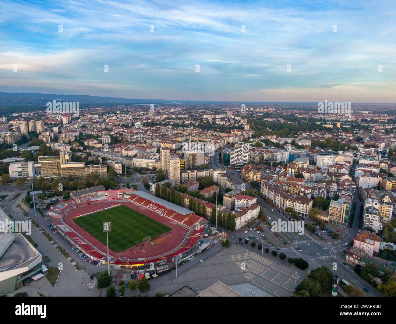 The aerial view of Novi Sad on dawn light above stadium Vojvodina Stock ...