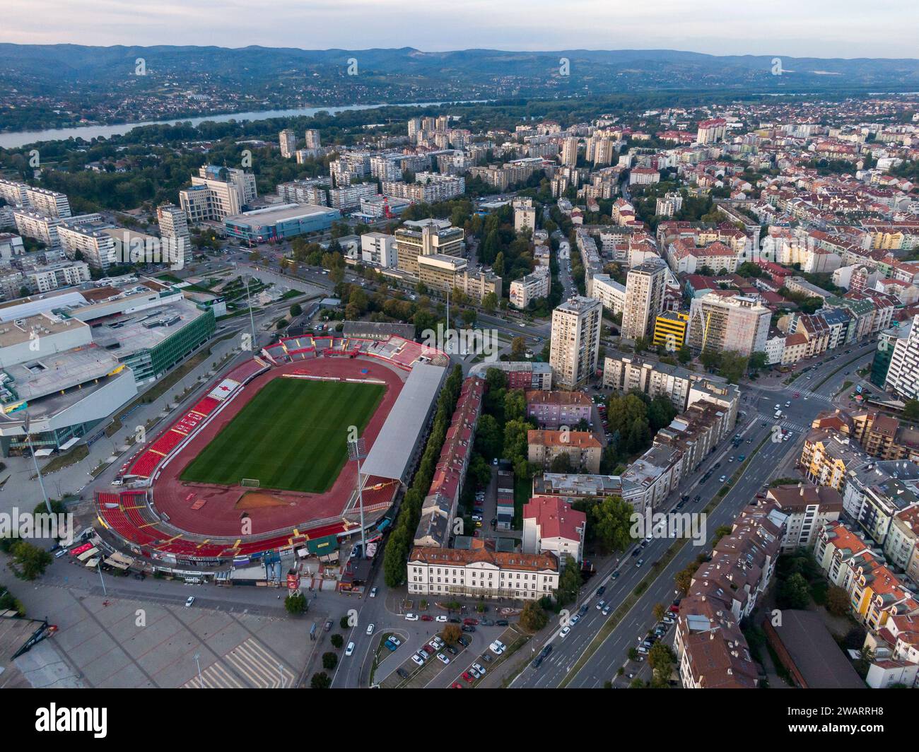 The aerial view of Novi Sad on dawn light above stadium Vojvodina Stock ...