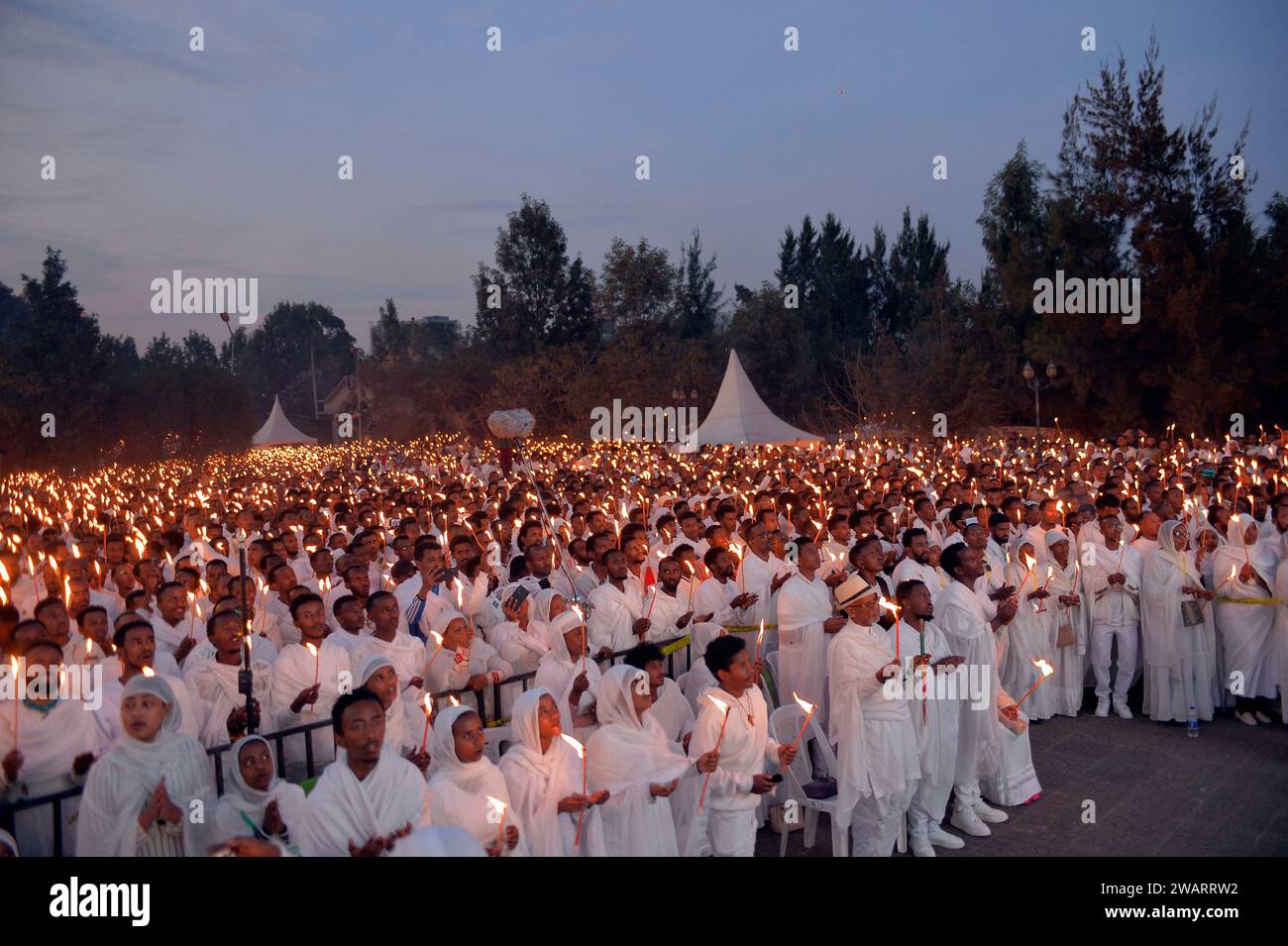 Ethiopian pilgrims pray during a Mass service for Ethiopian Christmas ...