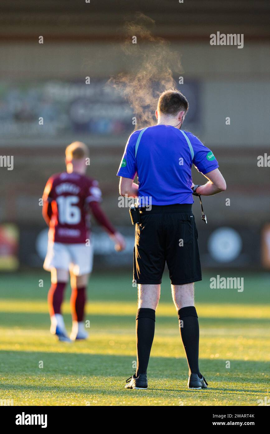 Stenhousemuir, Scotland. 06 January 2024. Ryan Lee books Euan O’Reilly ...