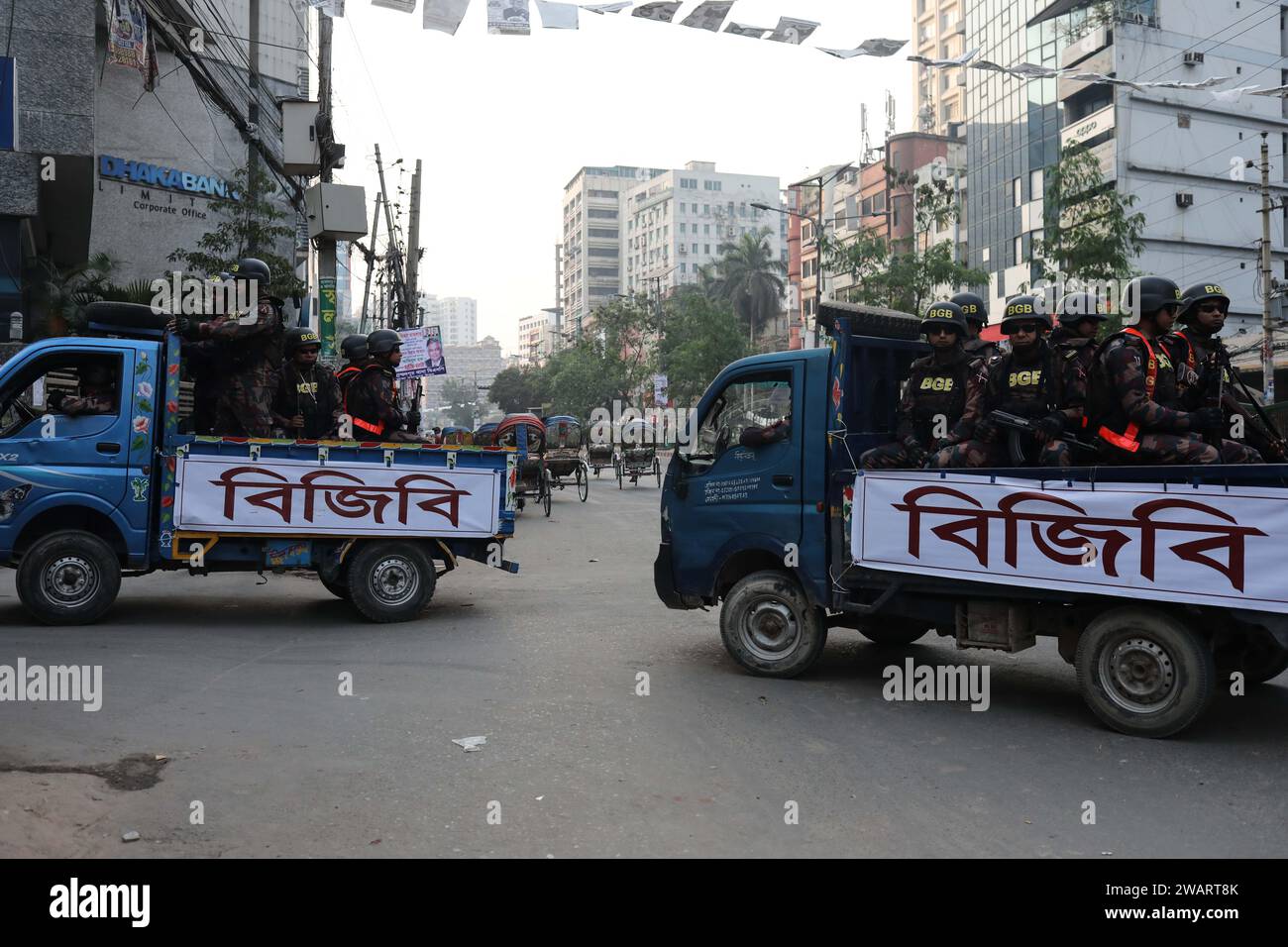 January 6, 2024: Border Guard Bangladesh (BGB) officers patrol ahead of ...