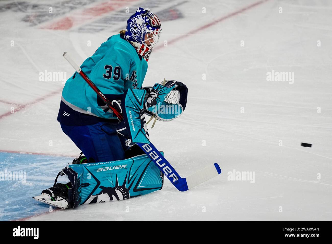 January 5, 2024: New York goalie Abbey Levy (39) warms up before a PWHL ...