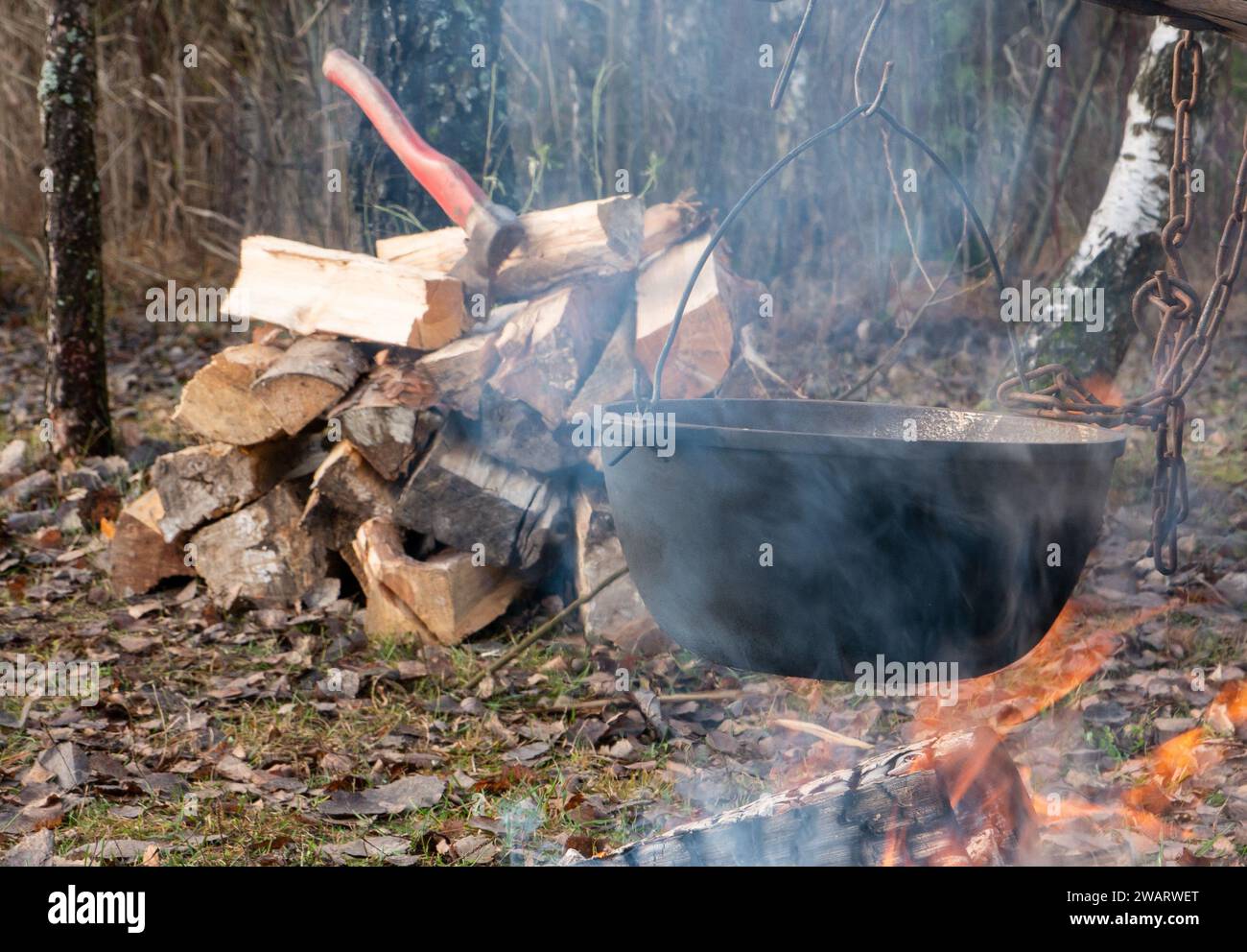 Black cauldron on a fire with boiling food on vacation in the forest ...
