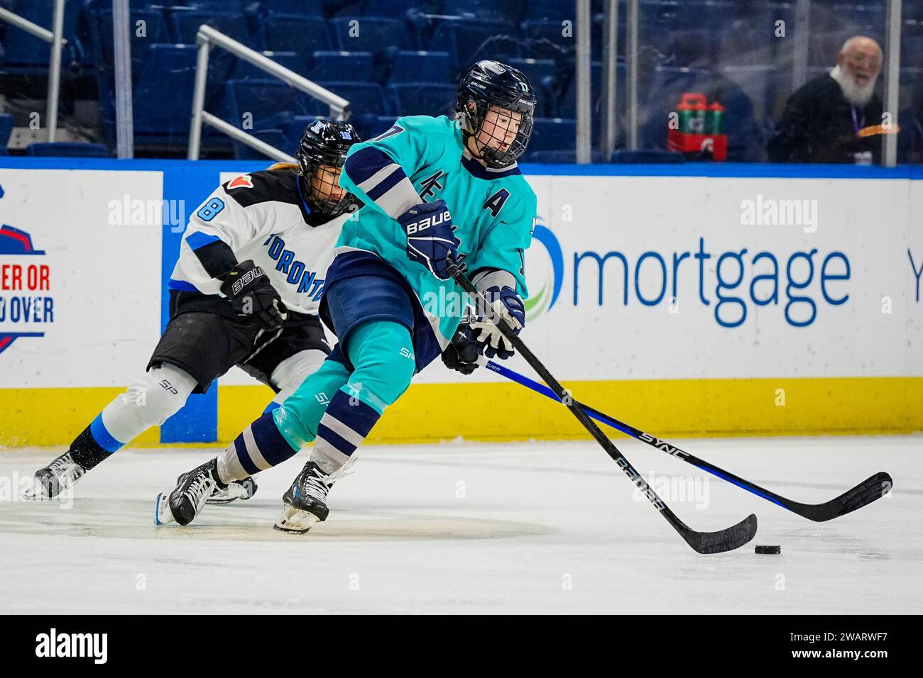 January 5, 2024: New York defender Ella Shelton (17) works the puck ...