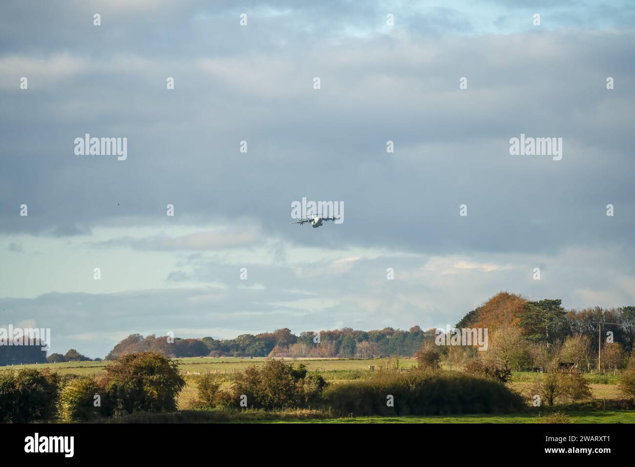 RAF Royal Air Force Airbus A400M Atlas military cargo plane on a low ...