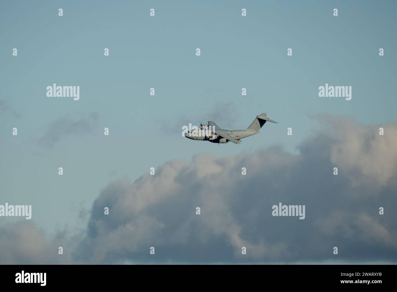 RAF Royal Air Force Airbus A400M Atlas military cargo plane on a low ...
