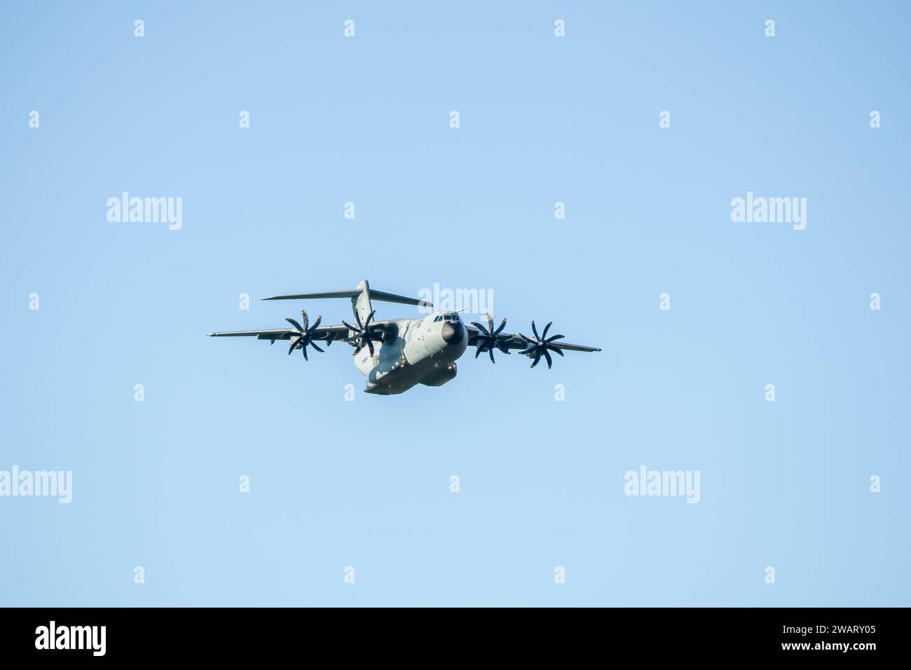 RAF Royal Air Force Airbus A400M Atlas military cargo plane on a low ...