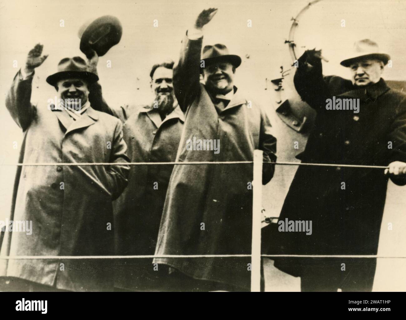 Russian Marshal Nikolai Bulganin and Nikita Krushchev waving from the ...