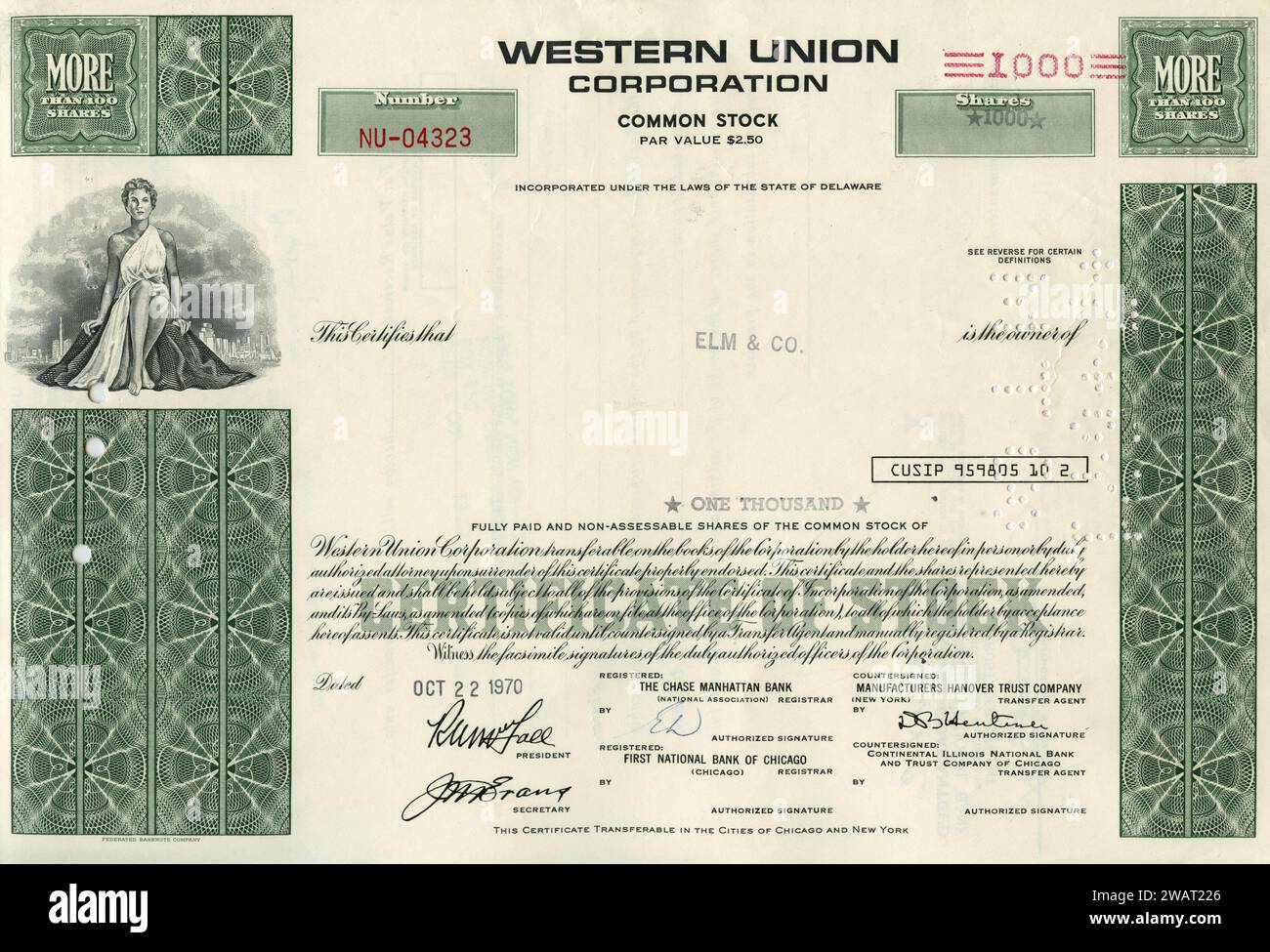 Old stock certificate of Wester Union Corporation, USA 1970 Stock Photo ...