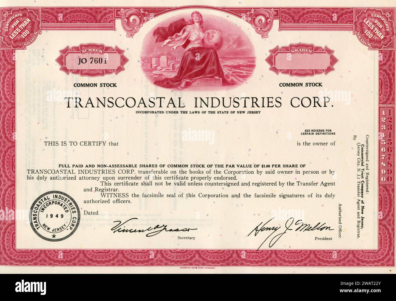 Old stock certificate of Transcoastal Industries Corp., USA 1950s Stock ...