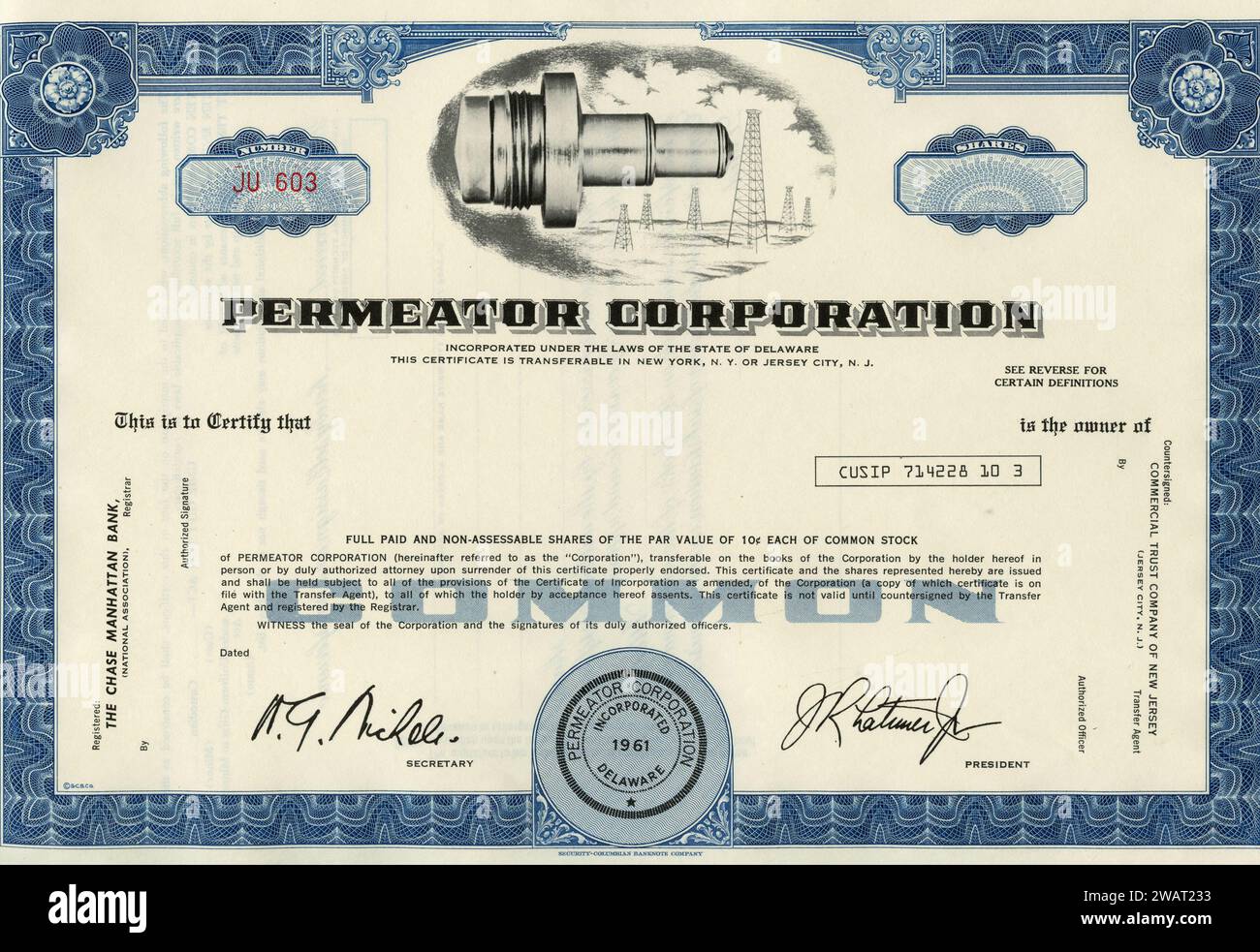 Old stock certificate of Permeator Corporation, USA 1960s Stock Photo ...