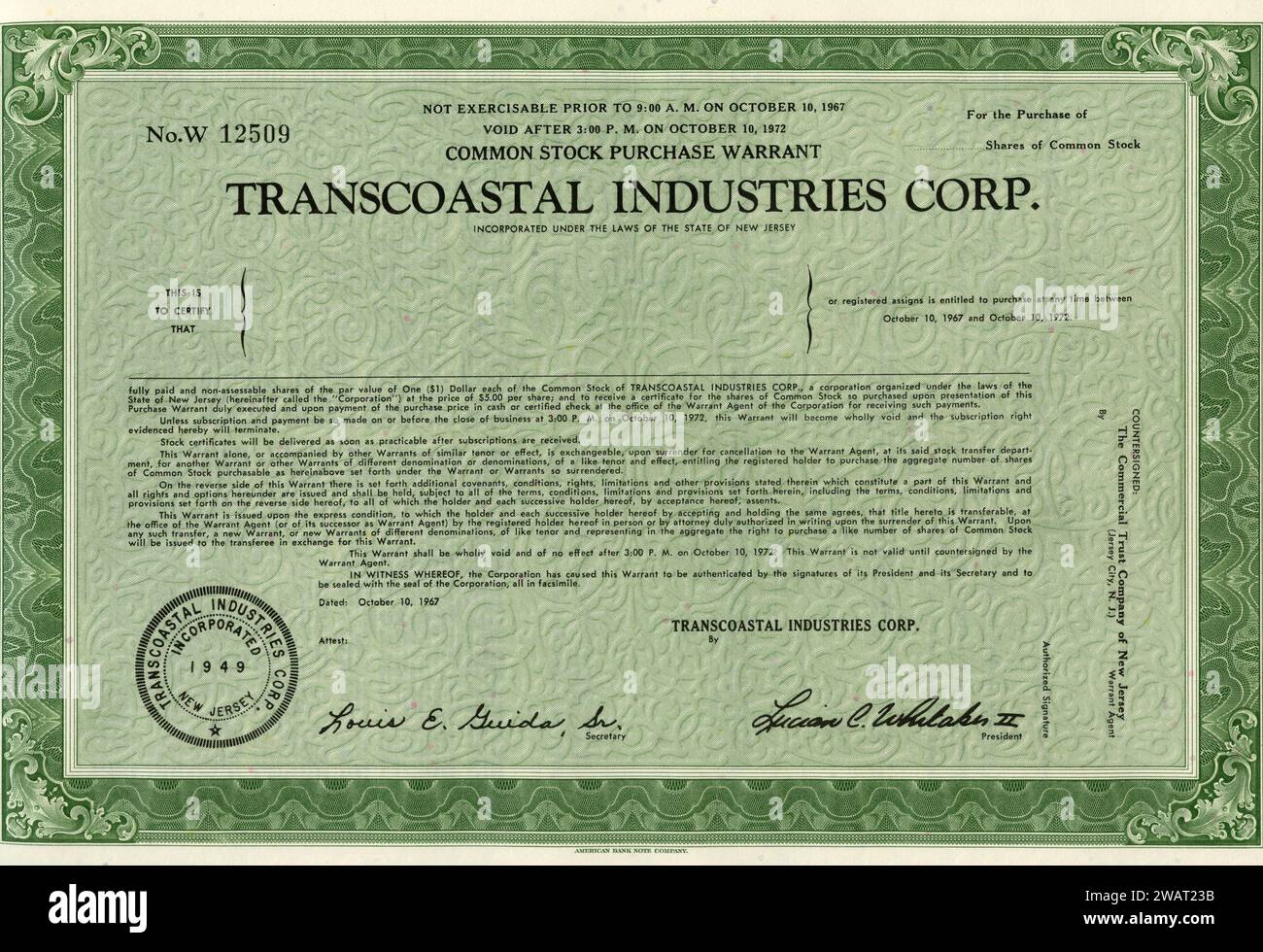 Old stock certificate of Transcoastal Industries Corp., USA 1960s Stock ...