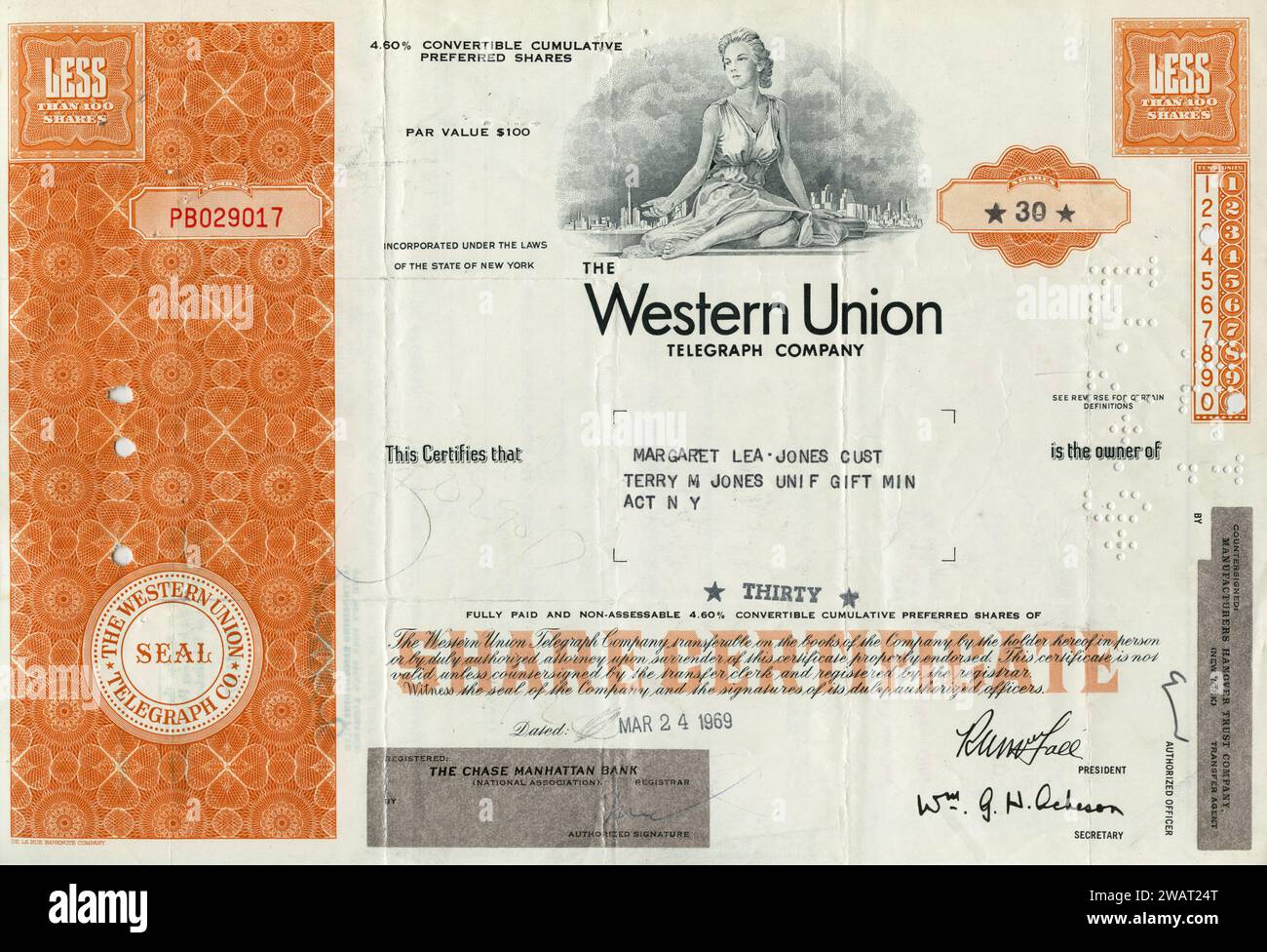 Old stock certificate of The Wester Union Telegraph Company, USA 1969 ...