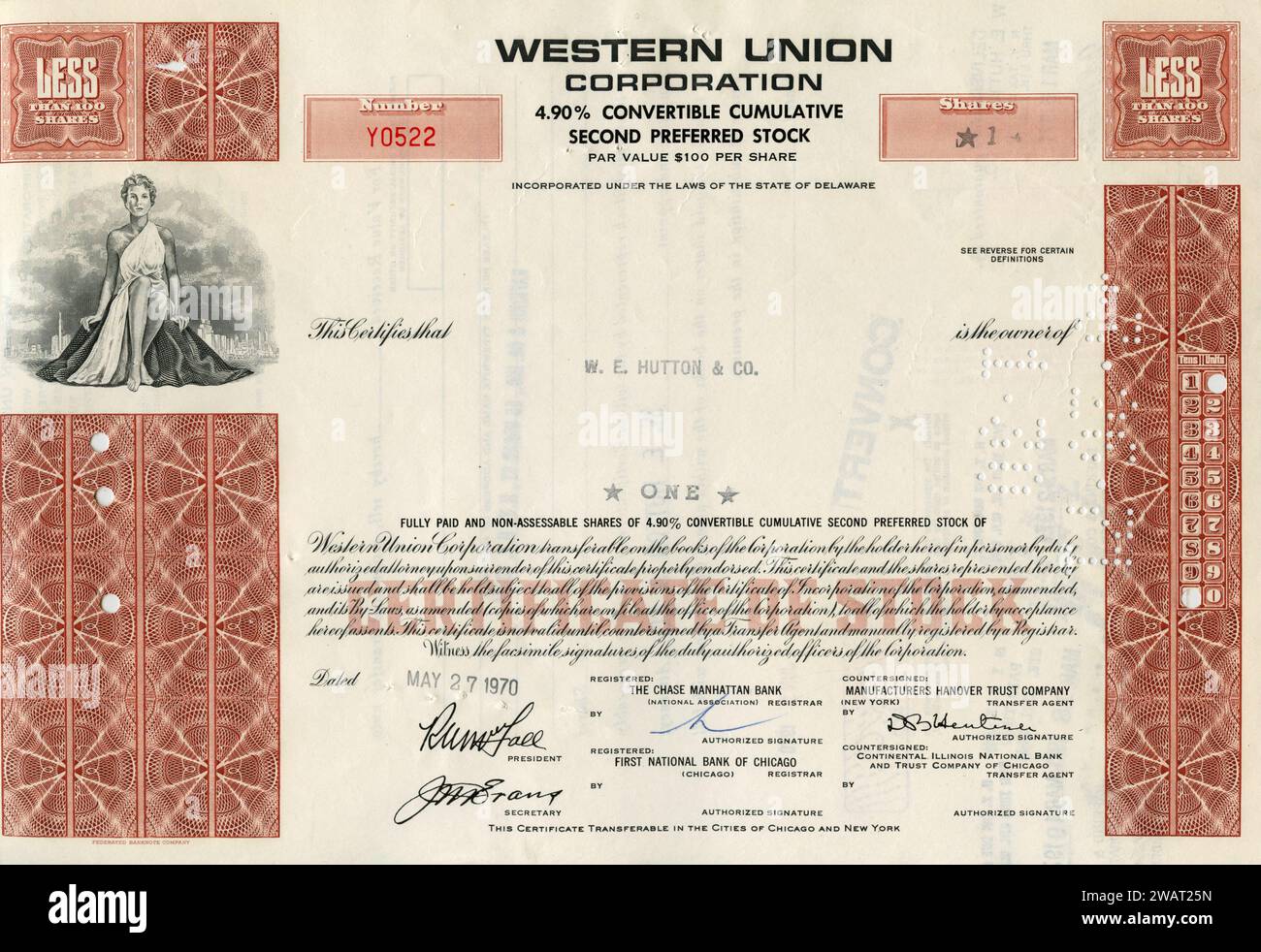 Old stock certificate of Wester Union Corporation, USA 1970 Stock Photo ...