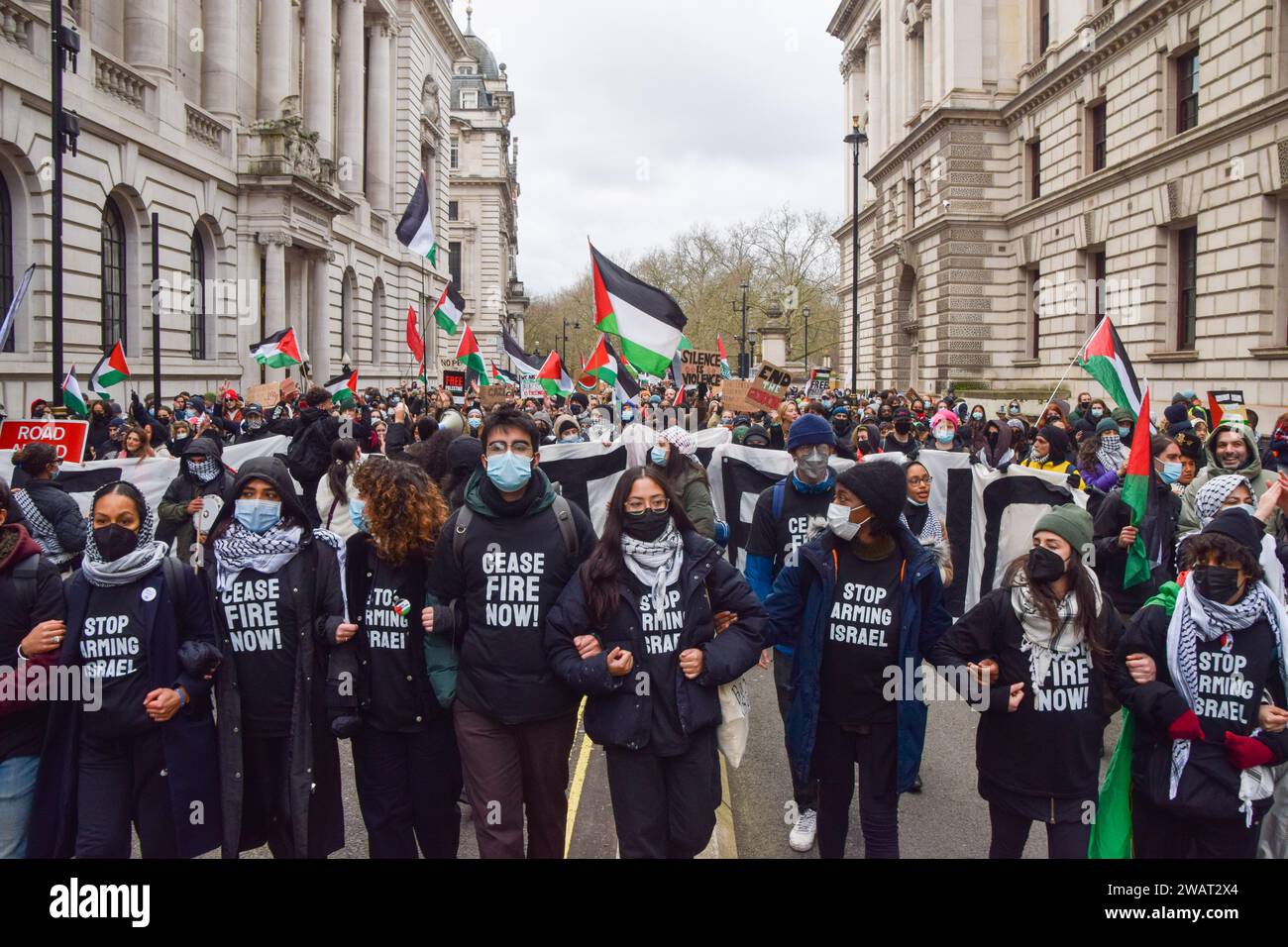 London, UK. 06th Jan, 2024. Protesters wearing shirts with the slogans ...